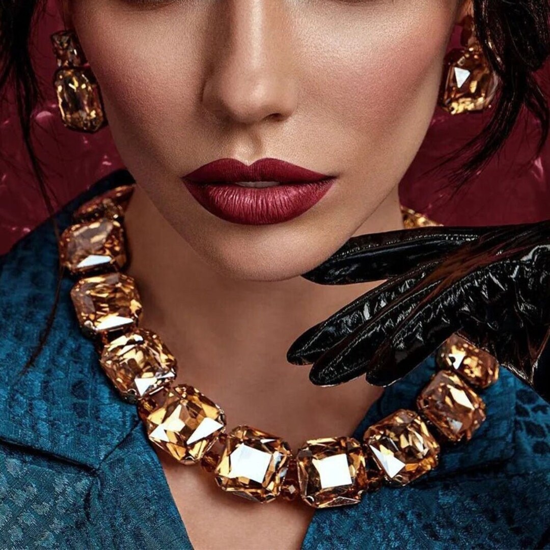 Square Crystal Necklace Set for Women Shiny Rhinestone Stud Earrings ...