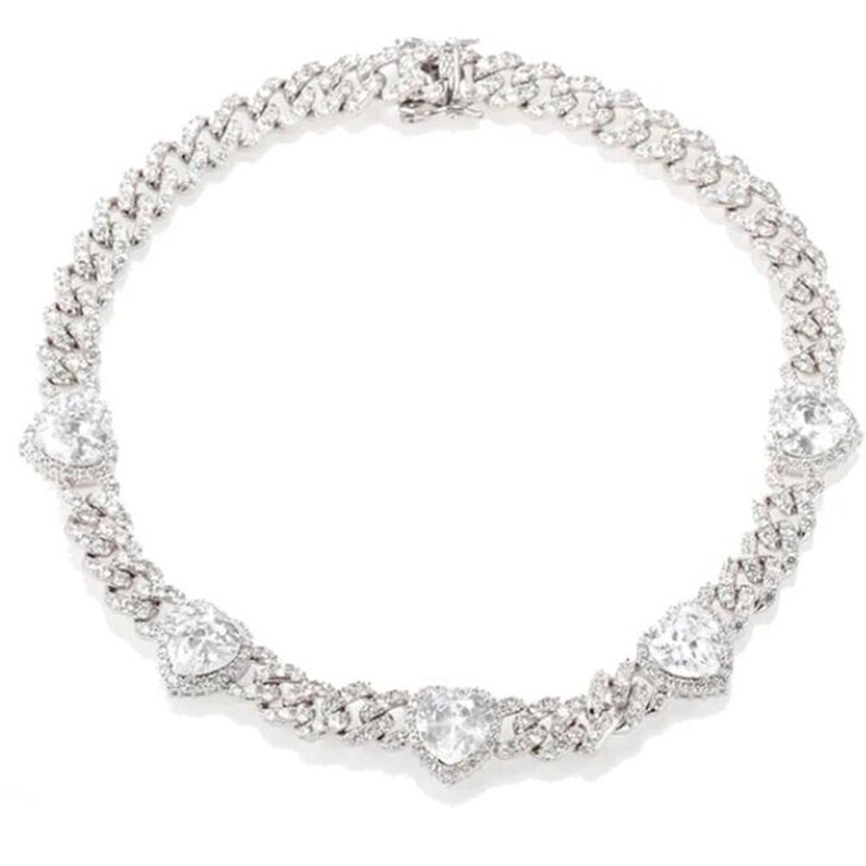 Heart Thick Cuban Link Chain Necklace Choker Rhinestone Curb - Etsy