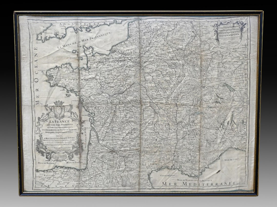 A Rare 1700s Framed Silk Map of France Crafted by the Renowned French ...