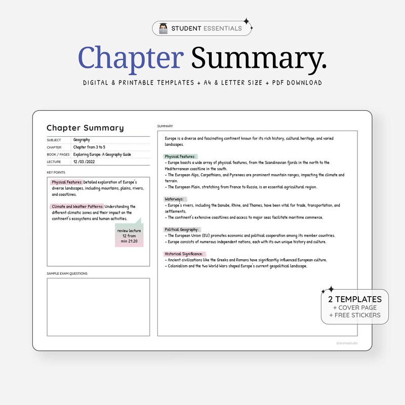Chapter Summary Template - Etsy
