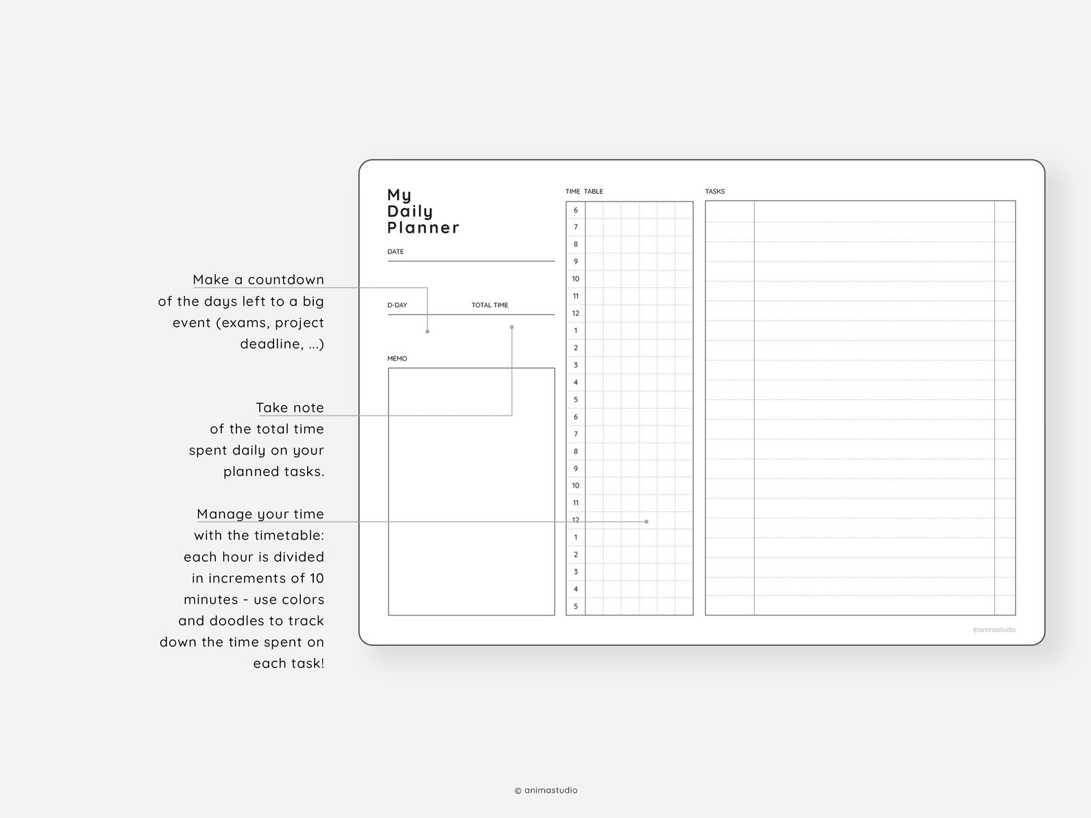 Daily Planner Template Digital & Printable 10 Minute Planner for iPad ...