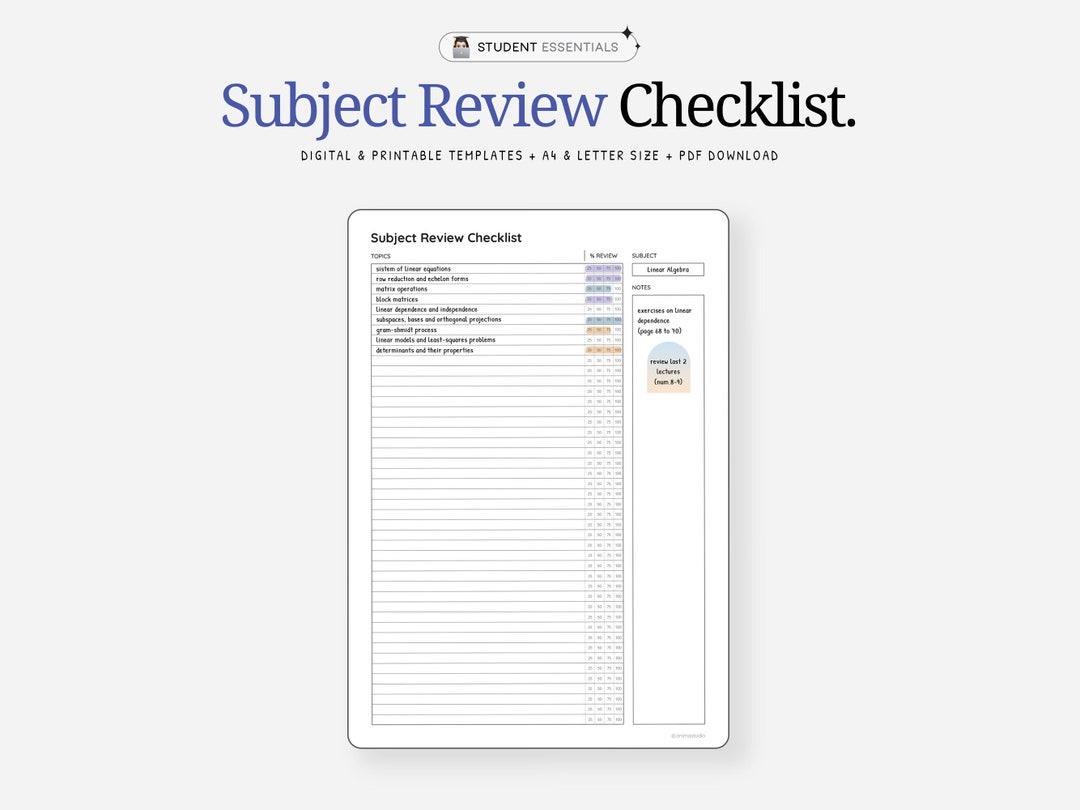 Subject Review Checklist | Digital Printable Review Scheduler Planner ...