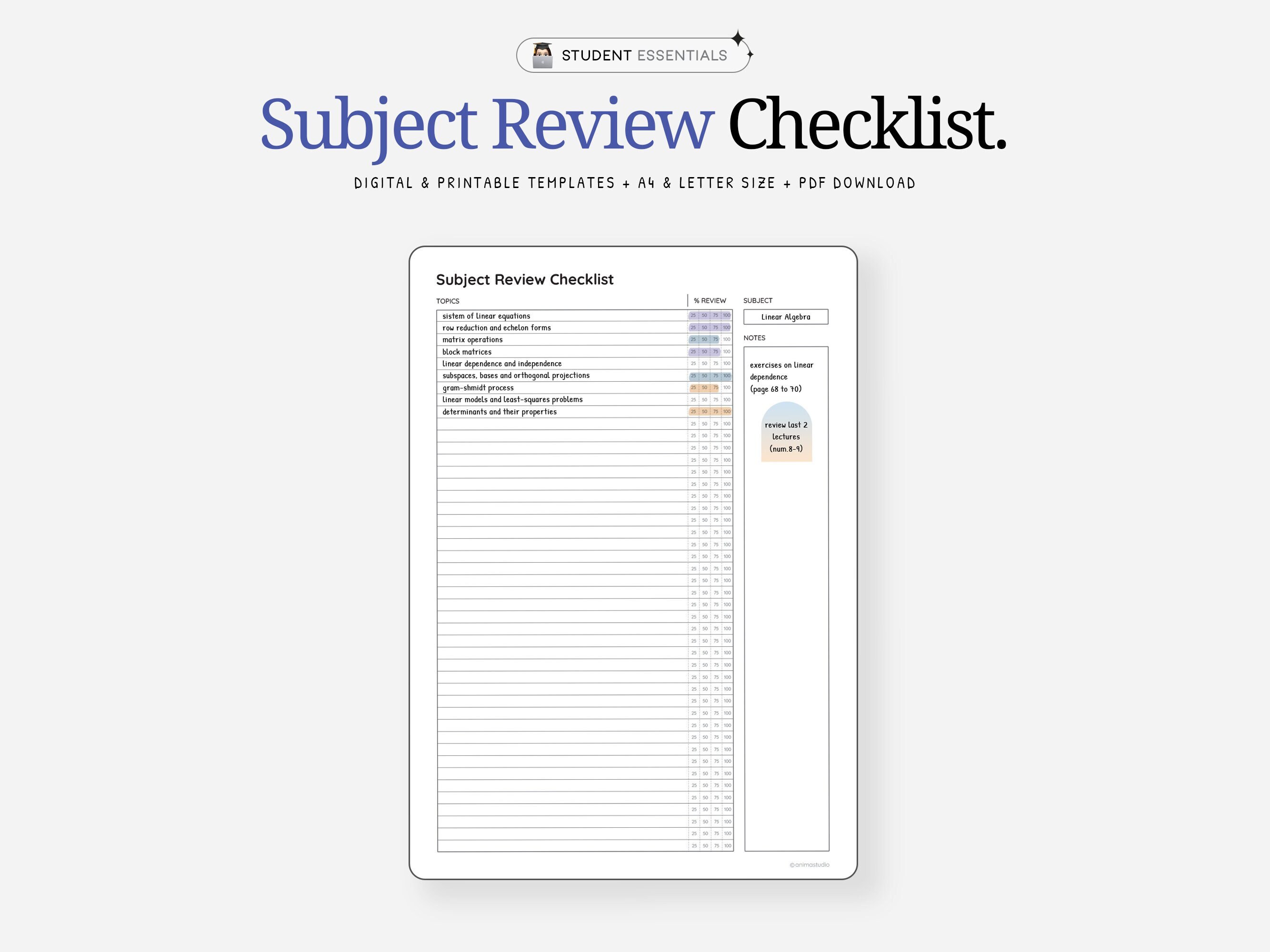 Subject Review Checklist Digital Printable Review Scheduler Planner for ...