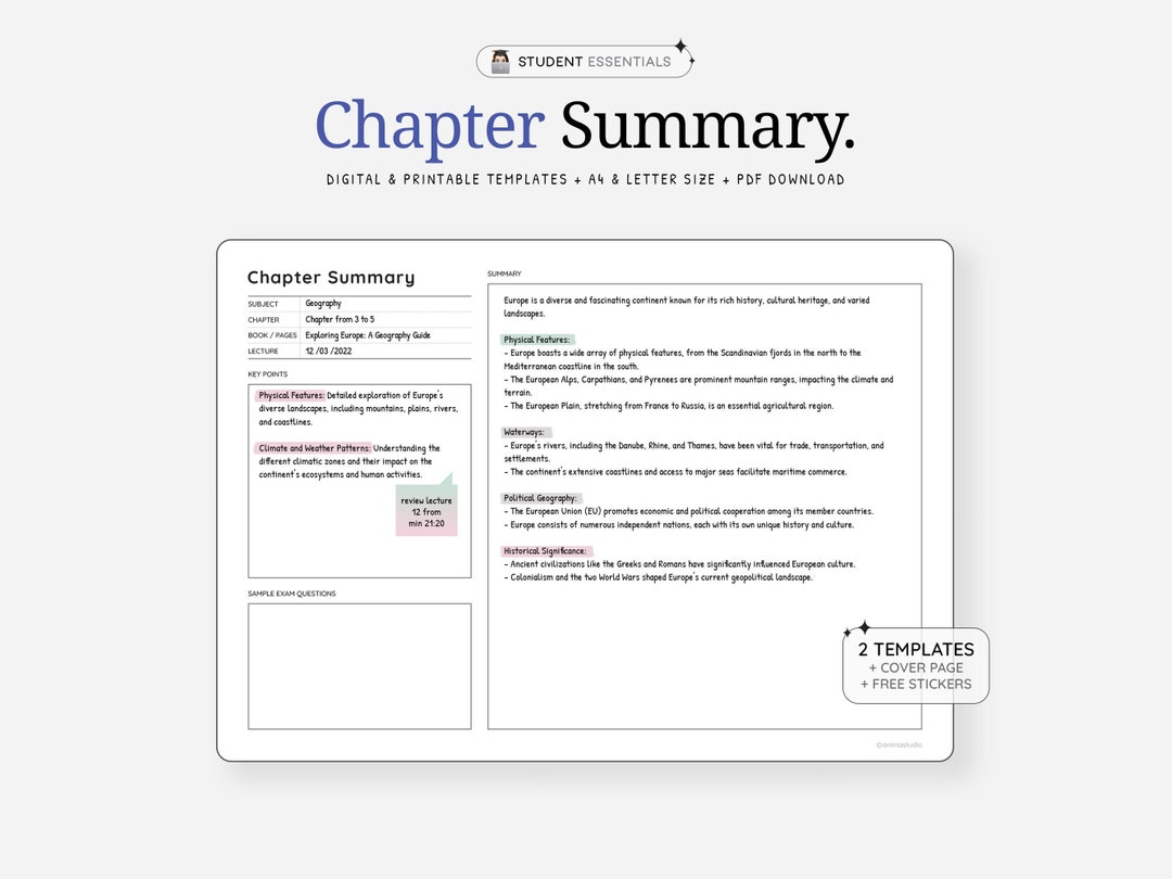 Chapter Summary Template | Digital & Printable Study Review Planner for ...