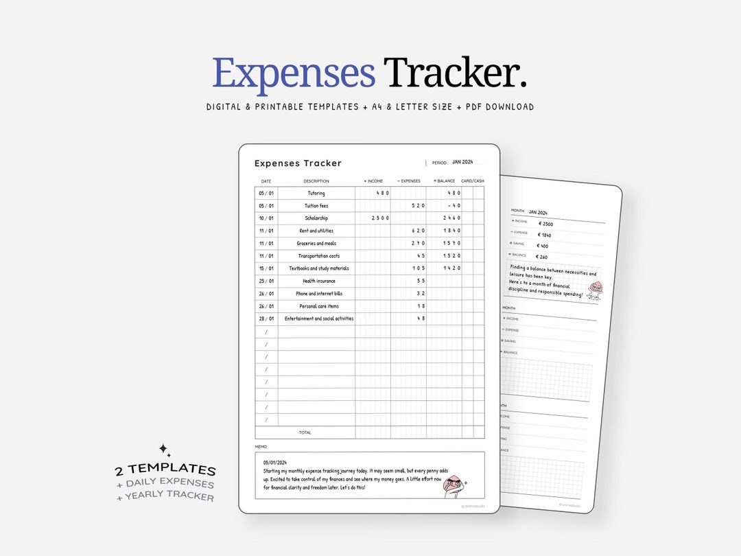 Expenses Tracker Digital & Printable Cash Book Planner Yearly Saving Recorder Layout Income for ...