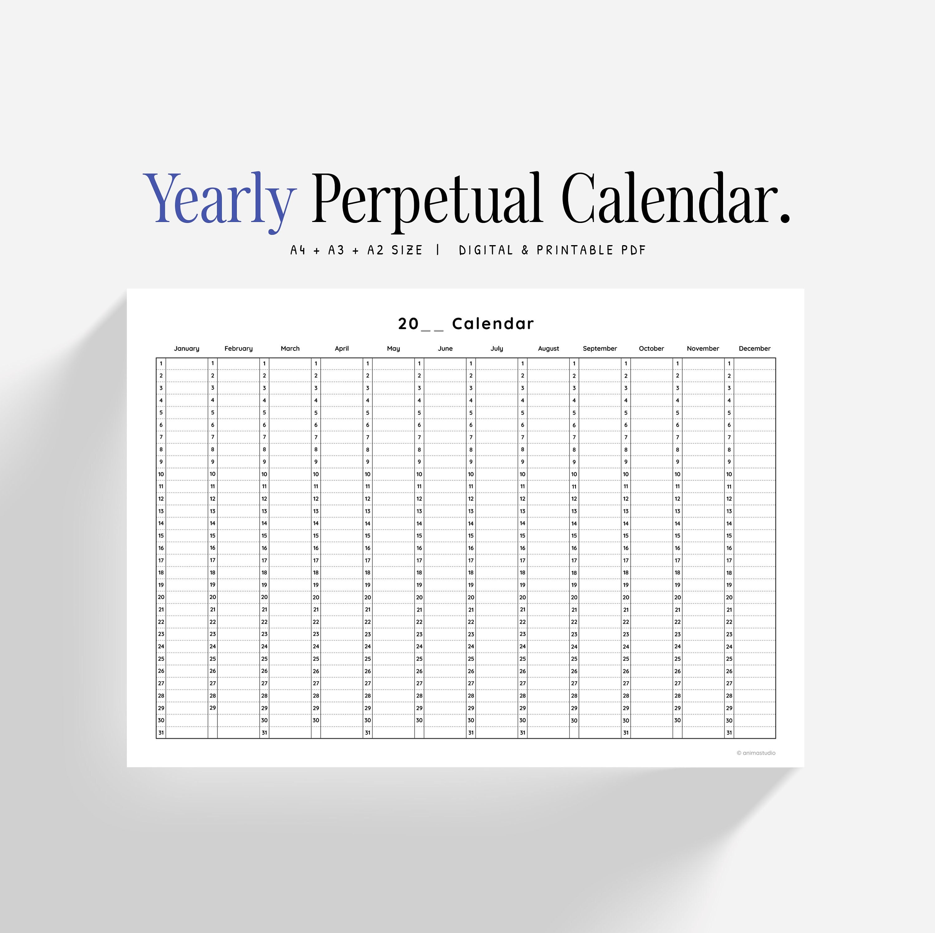Yearly Perpetual Calendar Undated Annual Wall Planner Year at a Glance ...