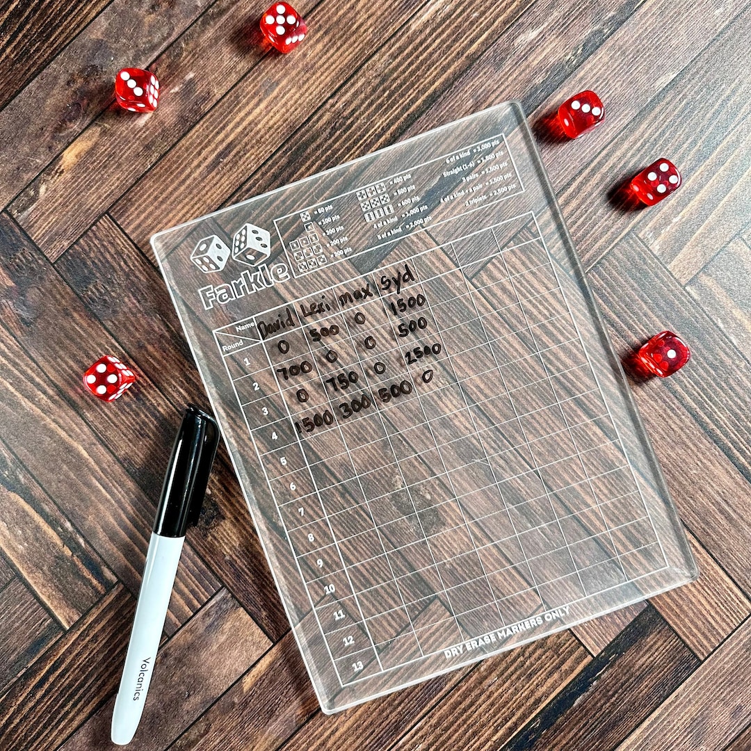 Farkle Reusable Score Card, 1/4" Acrylic Dry Erase Score Board, Laser ...