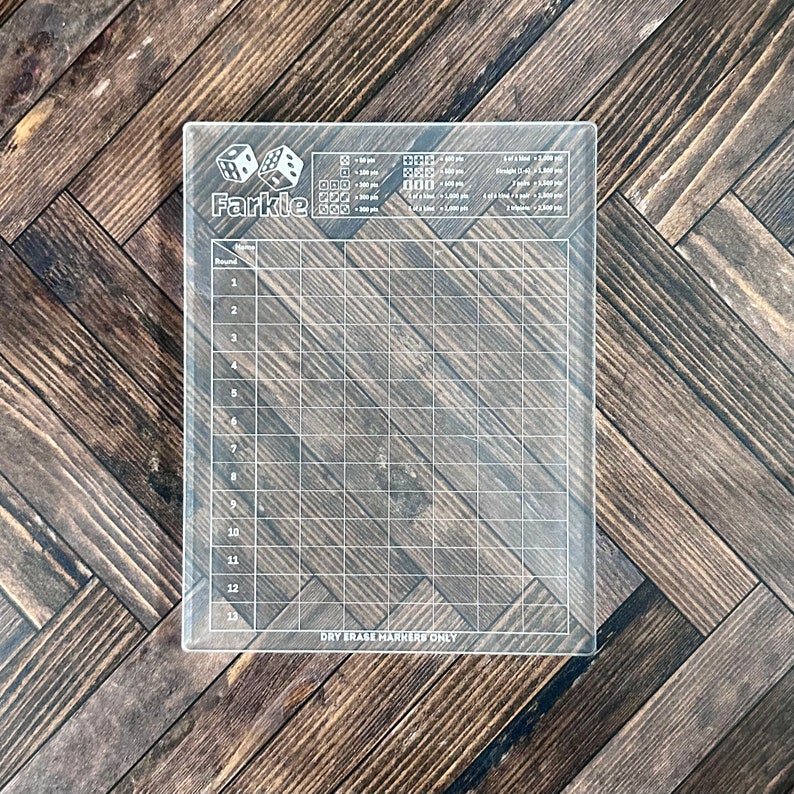 Farkle Reusable Score Card, 1/4" Acrylic Dry Erase Score Board, Laser ...