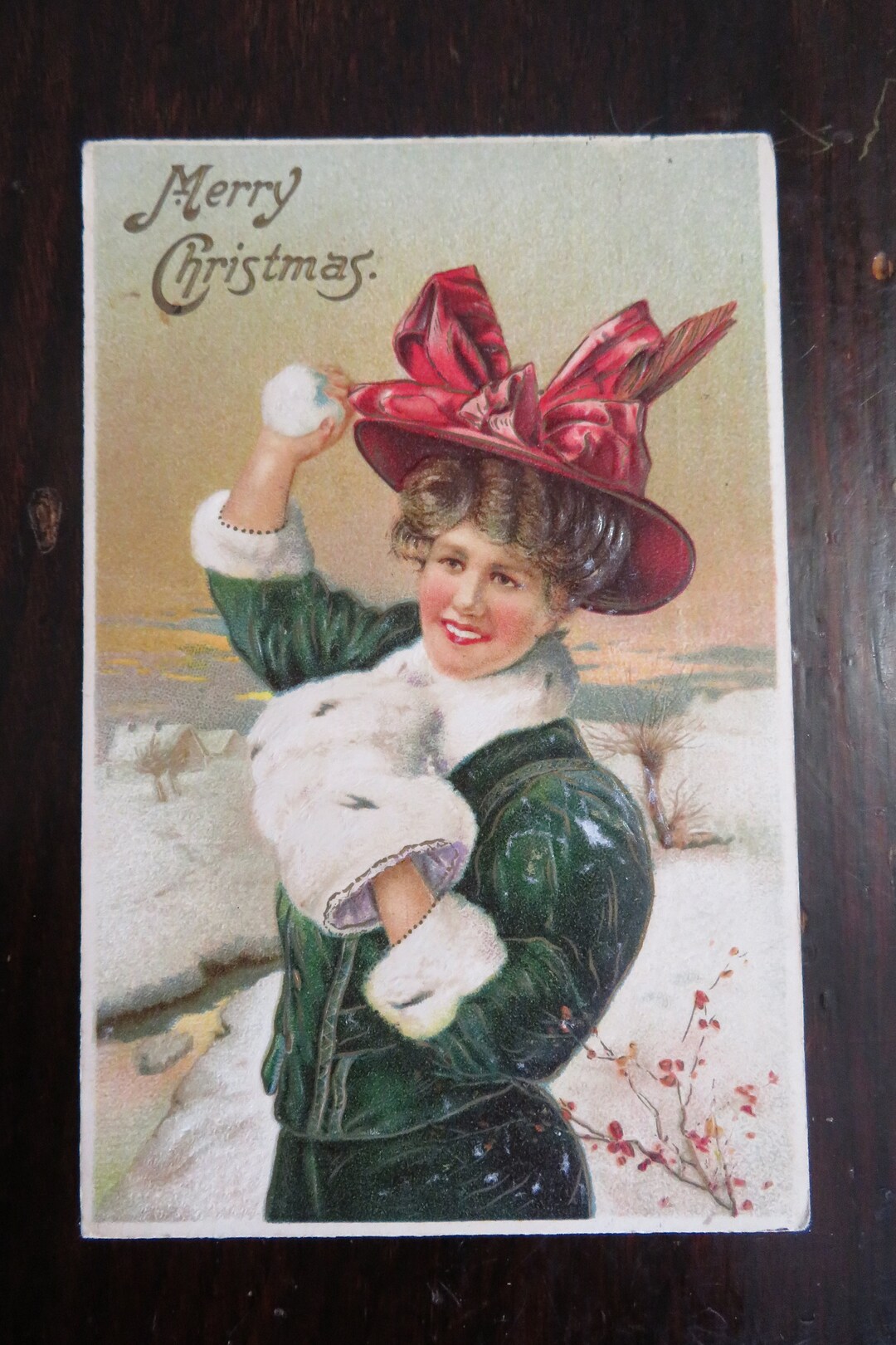 Antique Christmas Postcard Victorian Lady With Snowball in Winter Snow ...