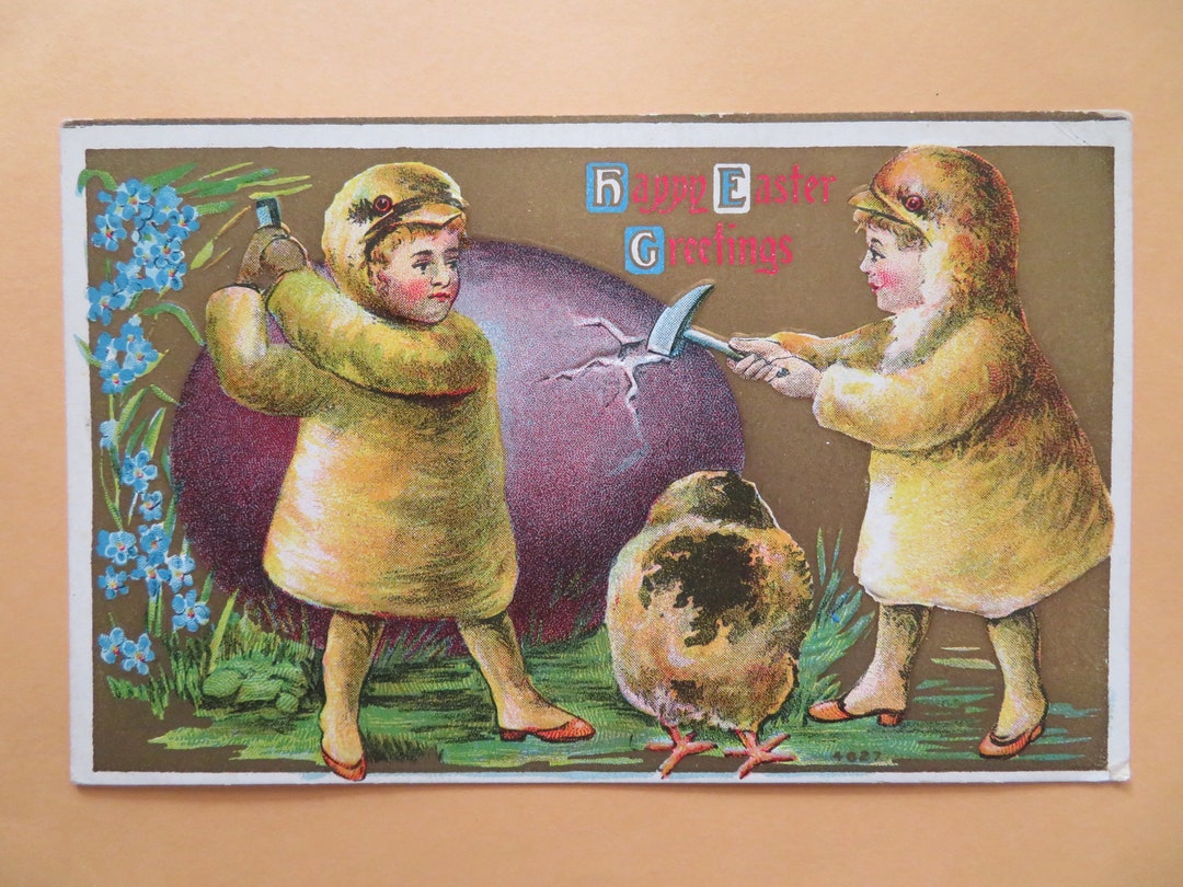 Easter Postcard Antique 1900's Children Dressed as Chicks Hitting Easter Egg With Hammers - Etsy
