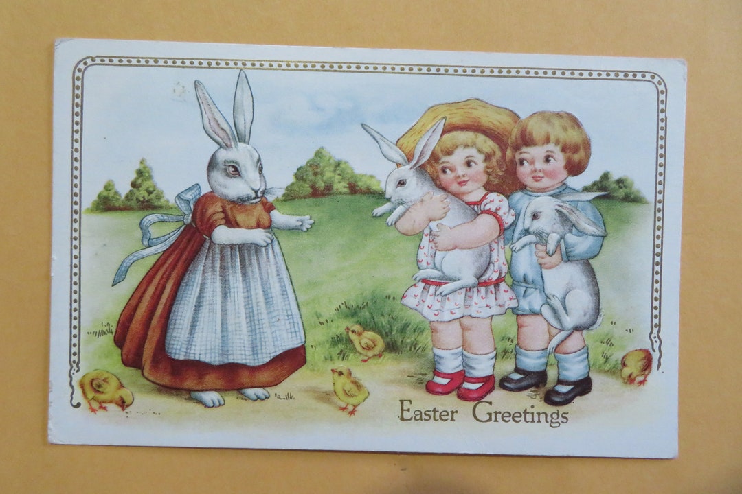 Antique Easter Postcard 1900s Mother Bunny With Children Holding Baby ...