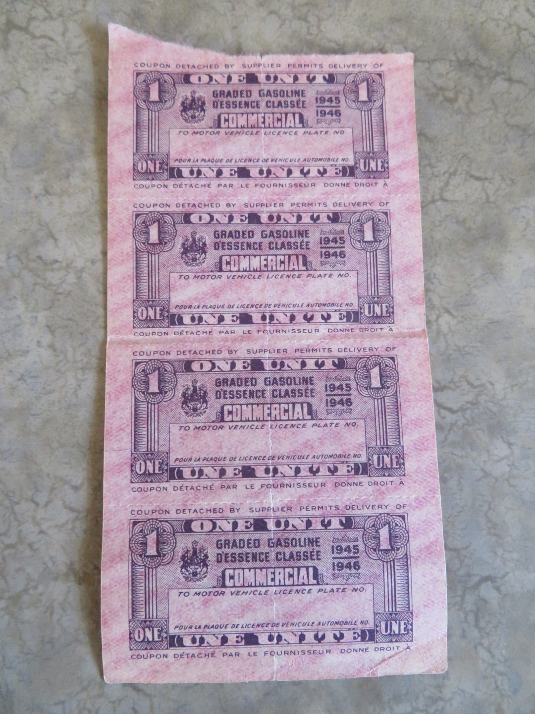 4 - One Unit Gasoline Ration Tickets 1945-1946 / Commercial Graded Gas ...