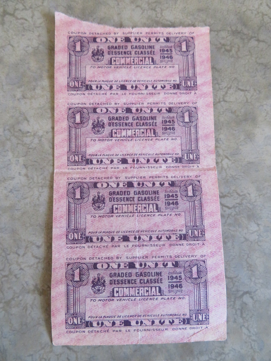 4 - One Unit Gasoline Ration Tickets 1945-1946 / Commercial Graded Gas ...