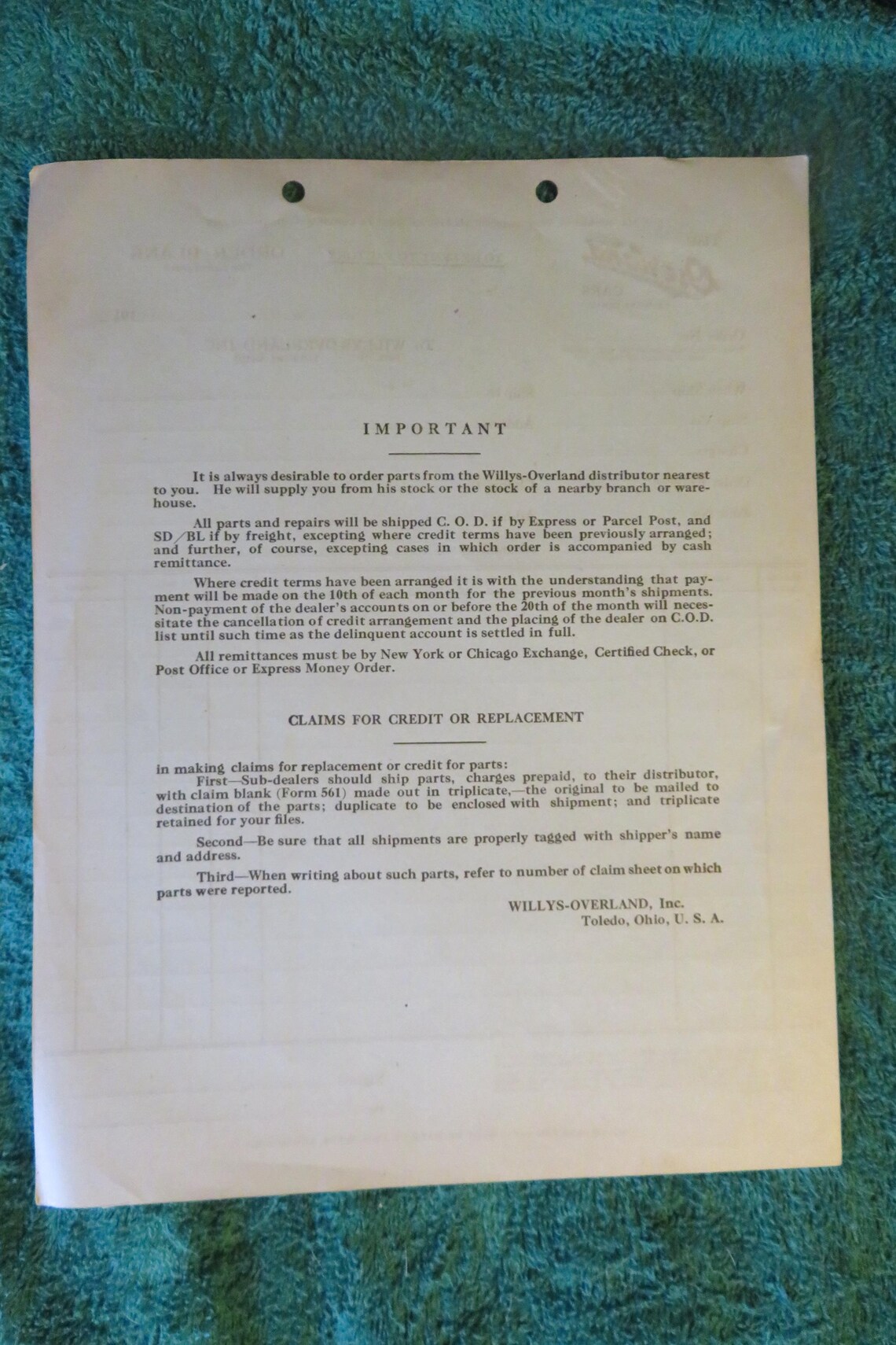 Willy's Overland Car Order Blank Invoice Green Form (toledo, Ohio ...