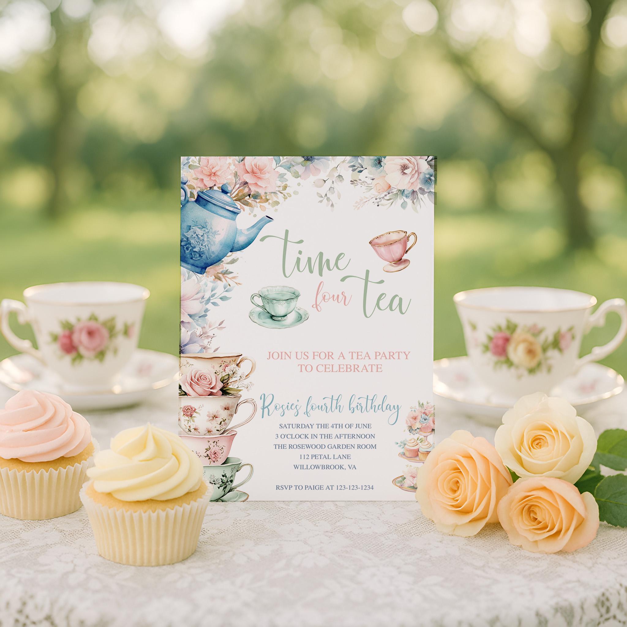 4th Birthday Invitation Tea Party, Time Four Tea Invite, Editable ...