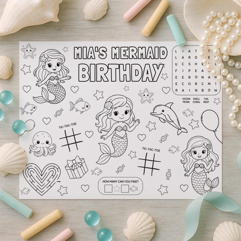 Mermaid Birthday Coloring Sheet, Under the Sea Birthday Party Placemat ...