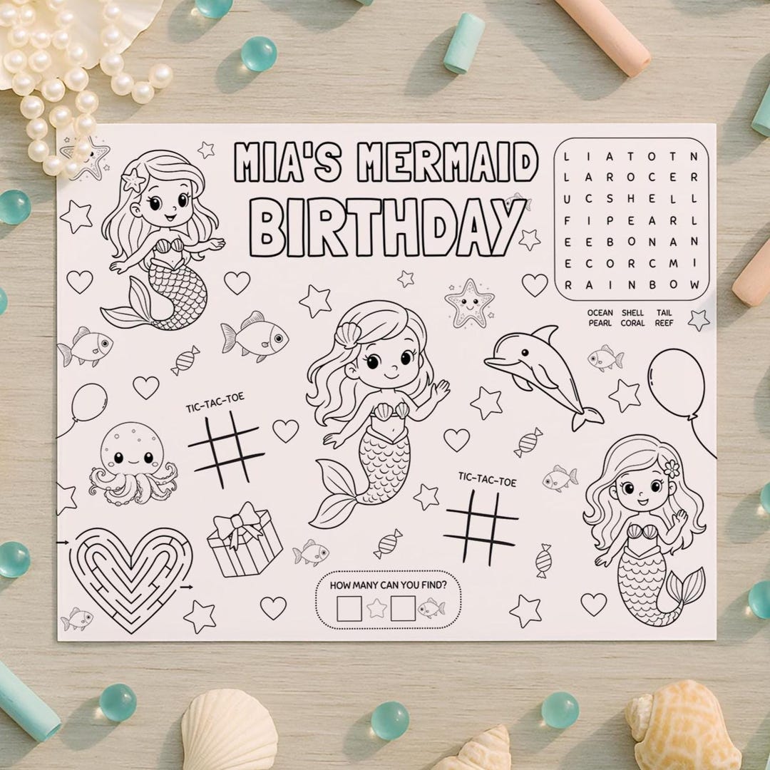 Mermaid Birthday Coloring Sheet, Under the Sea Birthday Party Placemat ...