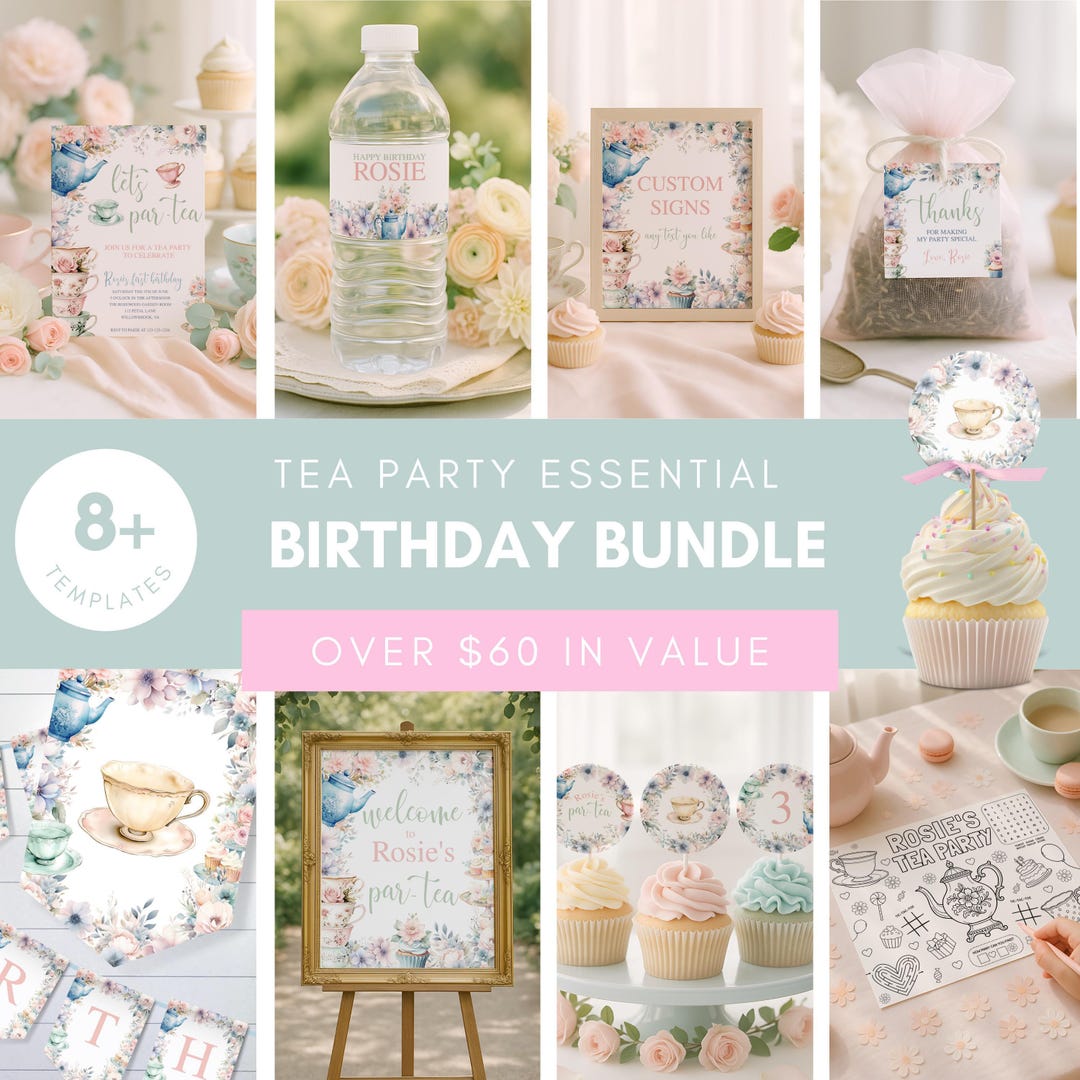 Tea Party Birthday Bundle, Printable Tea Theme Party Set, Editable ...