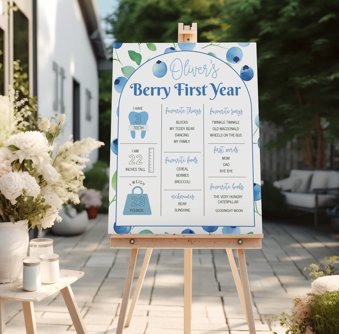 Berry First Birthday Milestone Sign, Editable Blueberry 1st Birthday ...