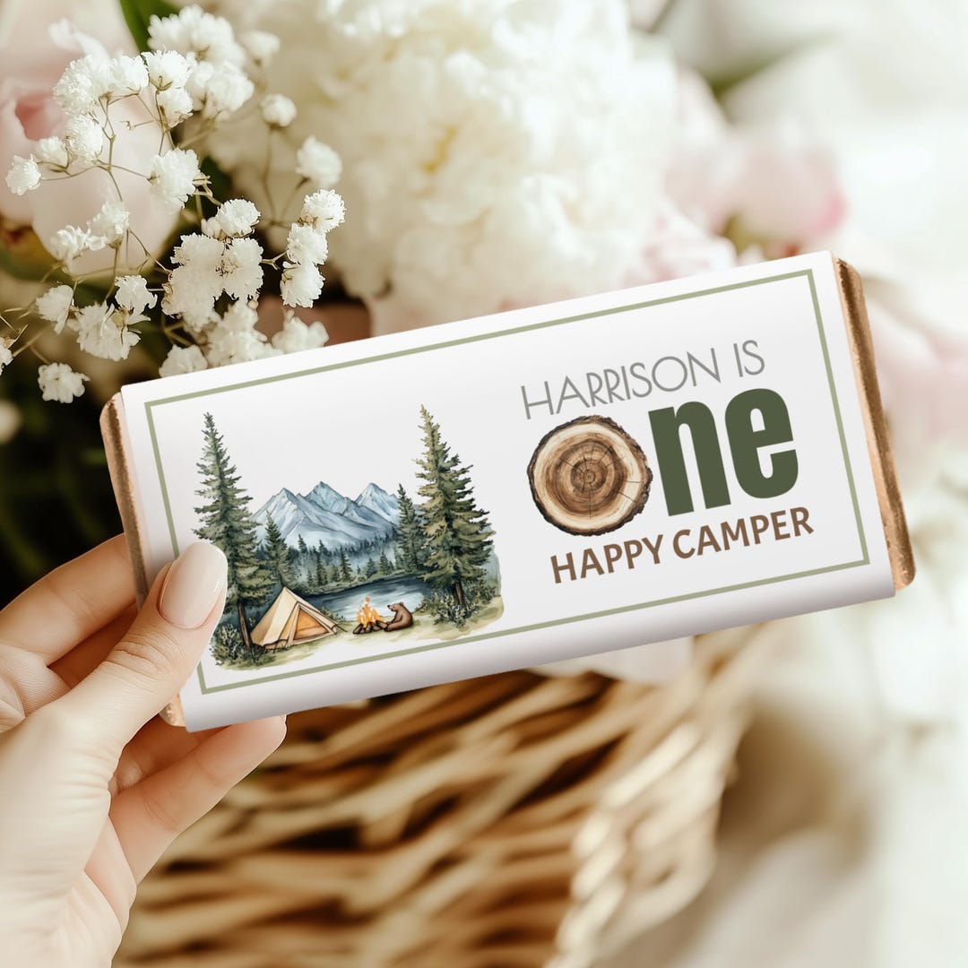 Camping Theme Birthday Goodie Bag, One Happy Camper Chocolate Wrapper ...
