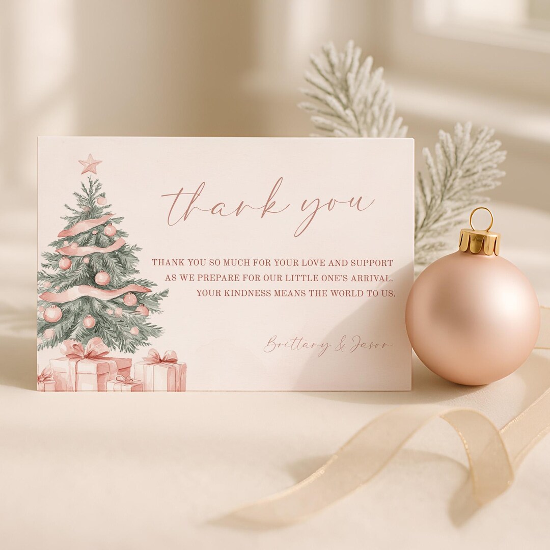 Merry Little Baby Shower Thank You Card Pink, Christmas Tree Baby ...