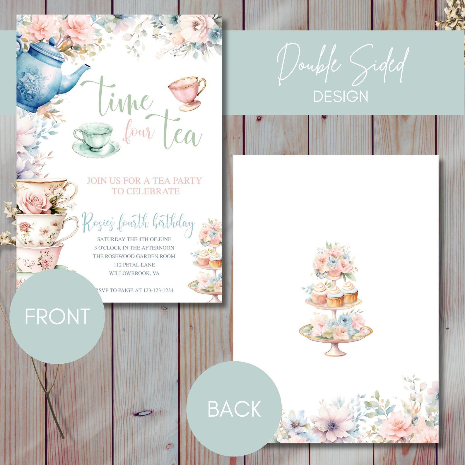 4th Birthday Invitation Tea Party, Time Four Tea Invite, Editable ...