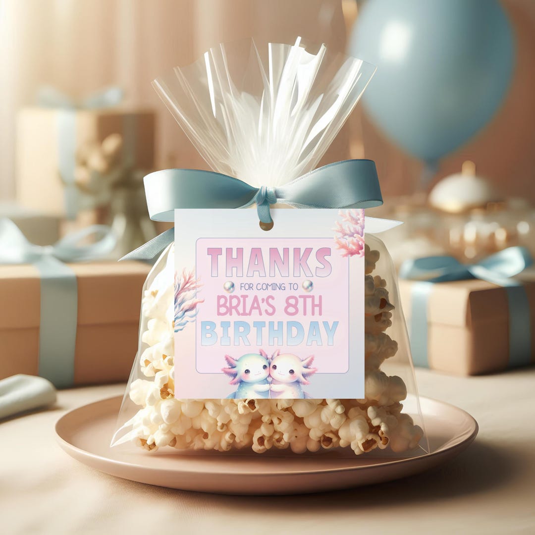 Axolotl Thank You Tag, Axolotl Birthday Tag, Girls Party Favor, Loot ...