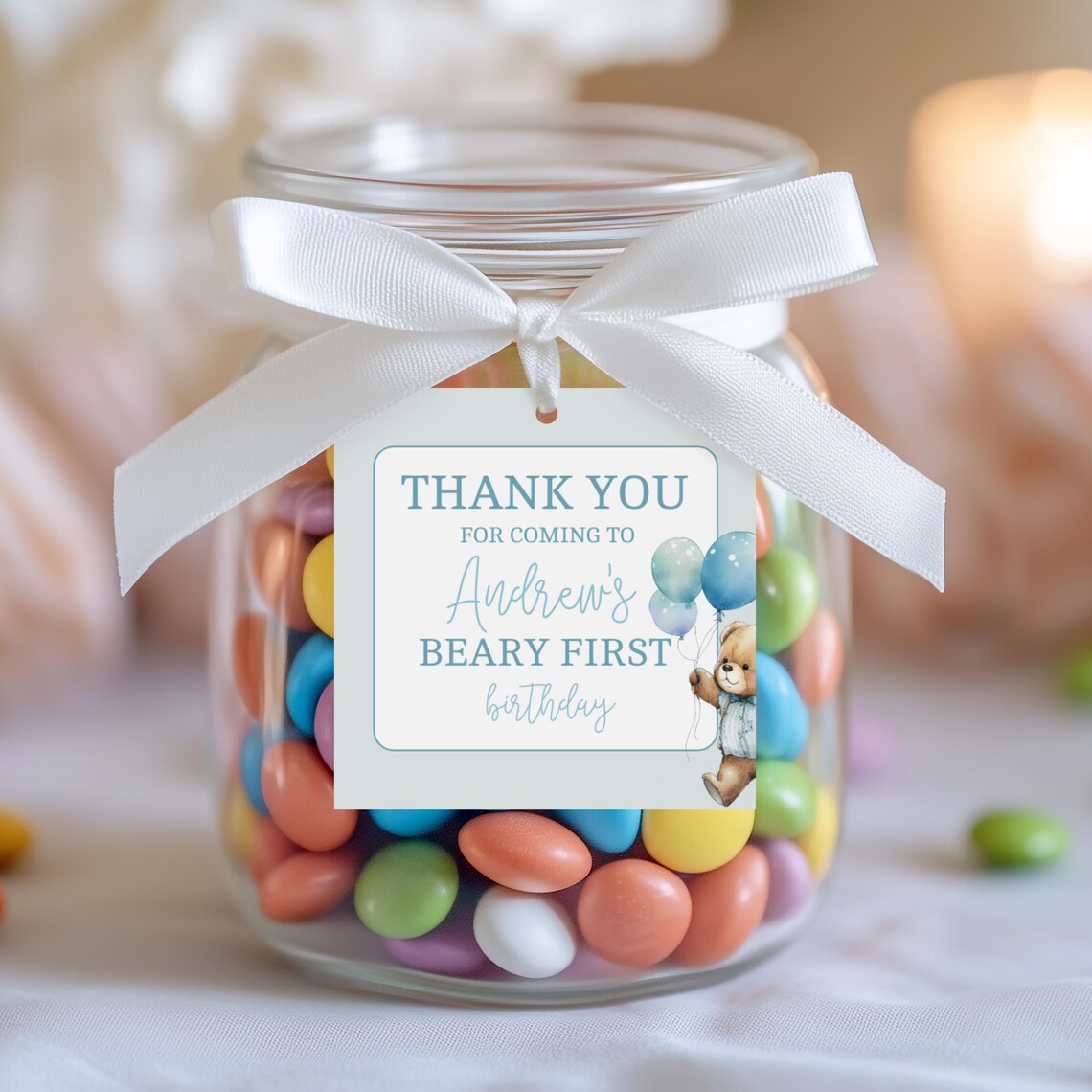 Beary First Birthday Thank You Gift Tag, Baby Boy Party Favor, Loot Bag ...