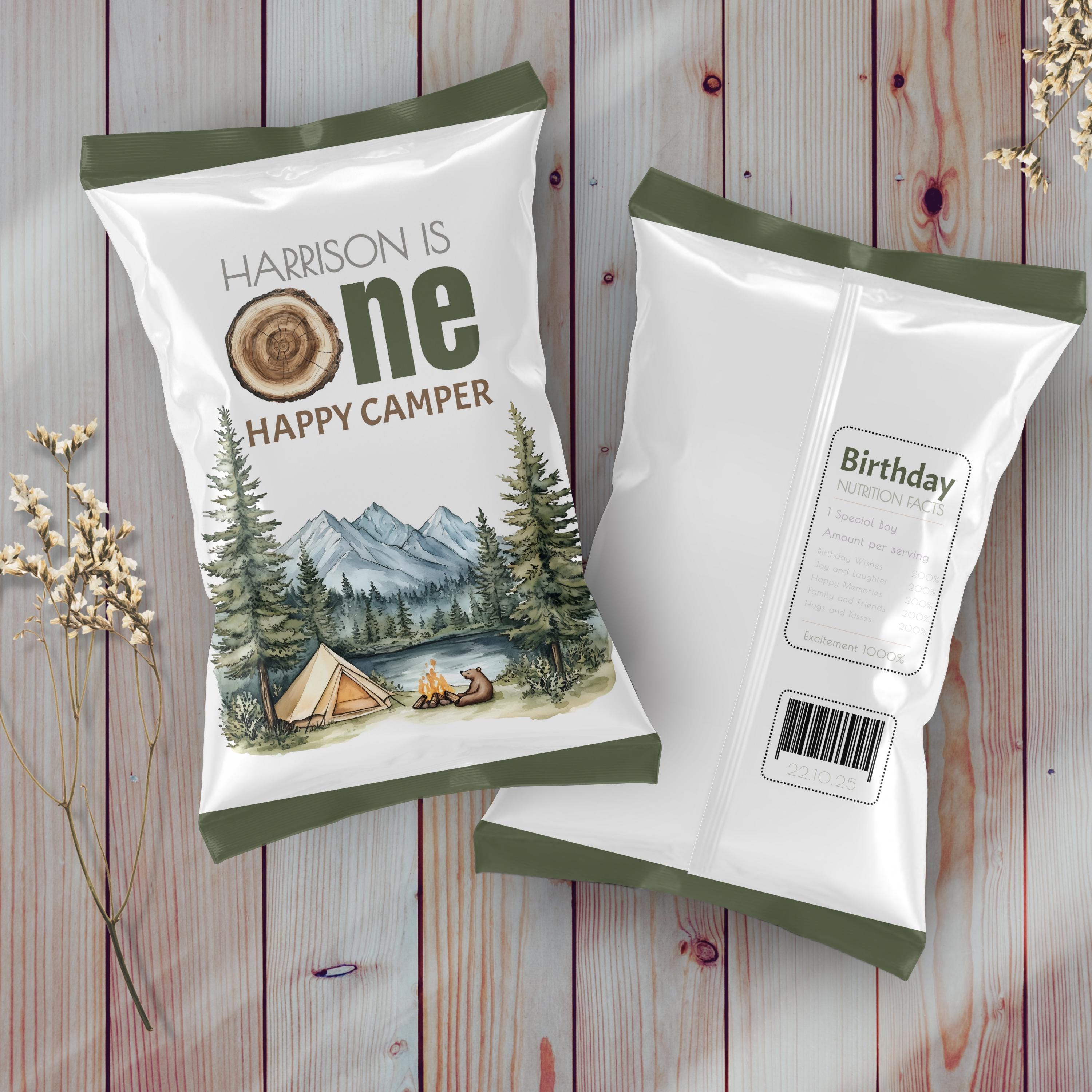 Camping Theme Birthday Goodie Bag, Camp Theme Chip Bag, One Happy ...