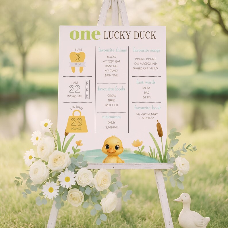 One Lucky Duck Milestone Sign, Duck Theme Birth Stats Poster, First ...