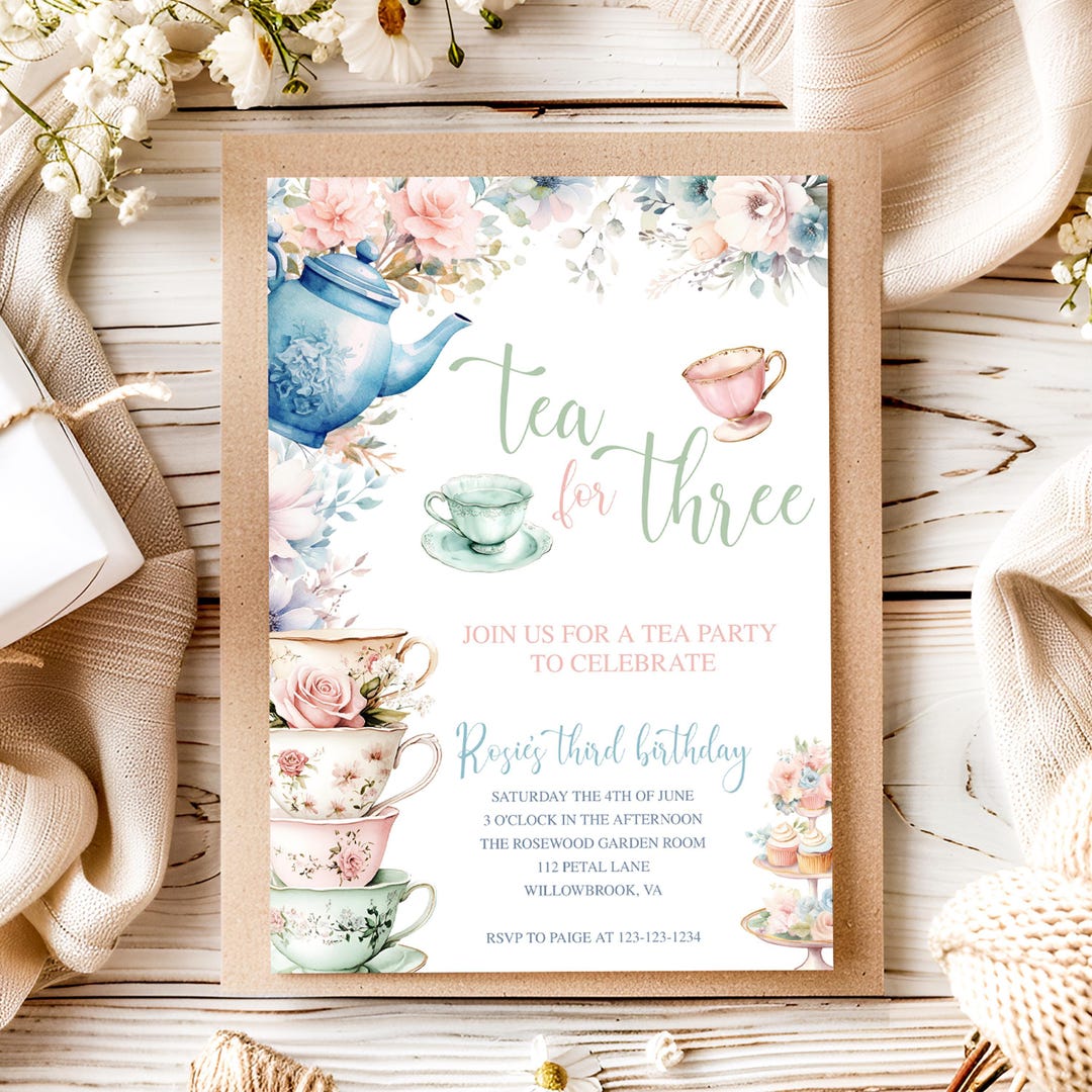 Tea for Three Birthday Party Invitation, Toddler Birthday Invitations ...