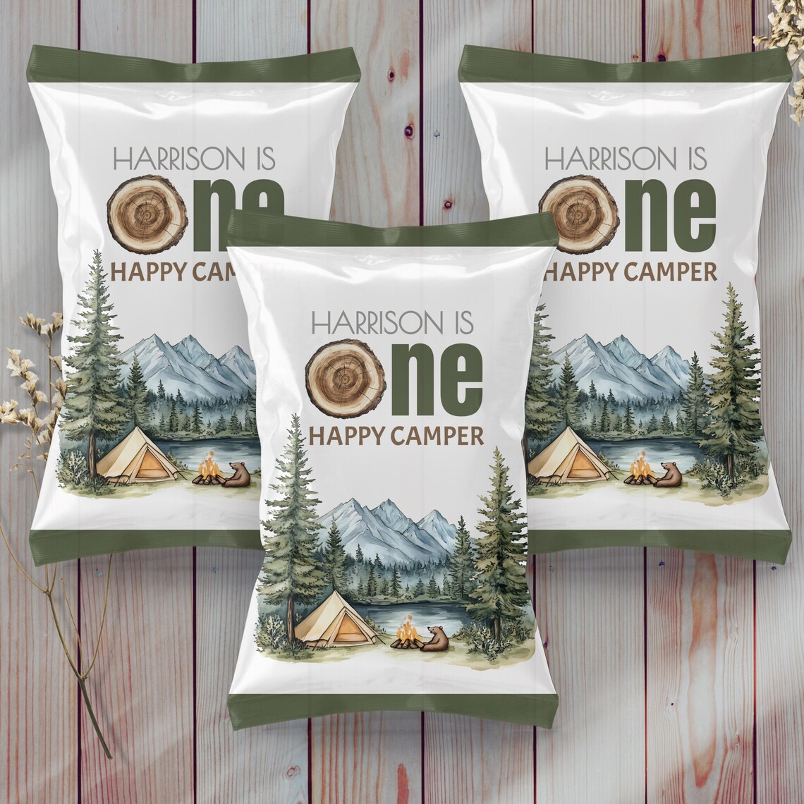 Camping Theme Birthday Goodie Bag, Camp Theme Chip Bag, One Happy ...