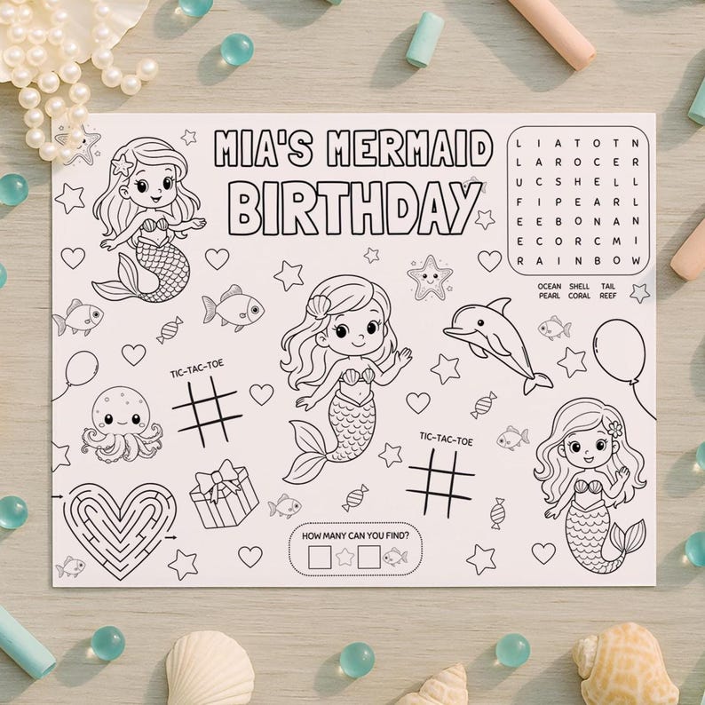 Mermaid Birthday Coloring Sheet, Under the Sea Birthday Party Placemat ...