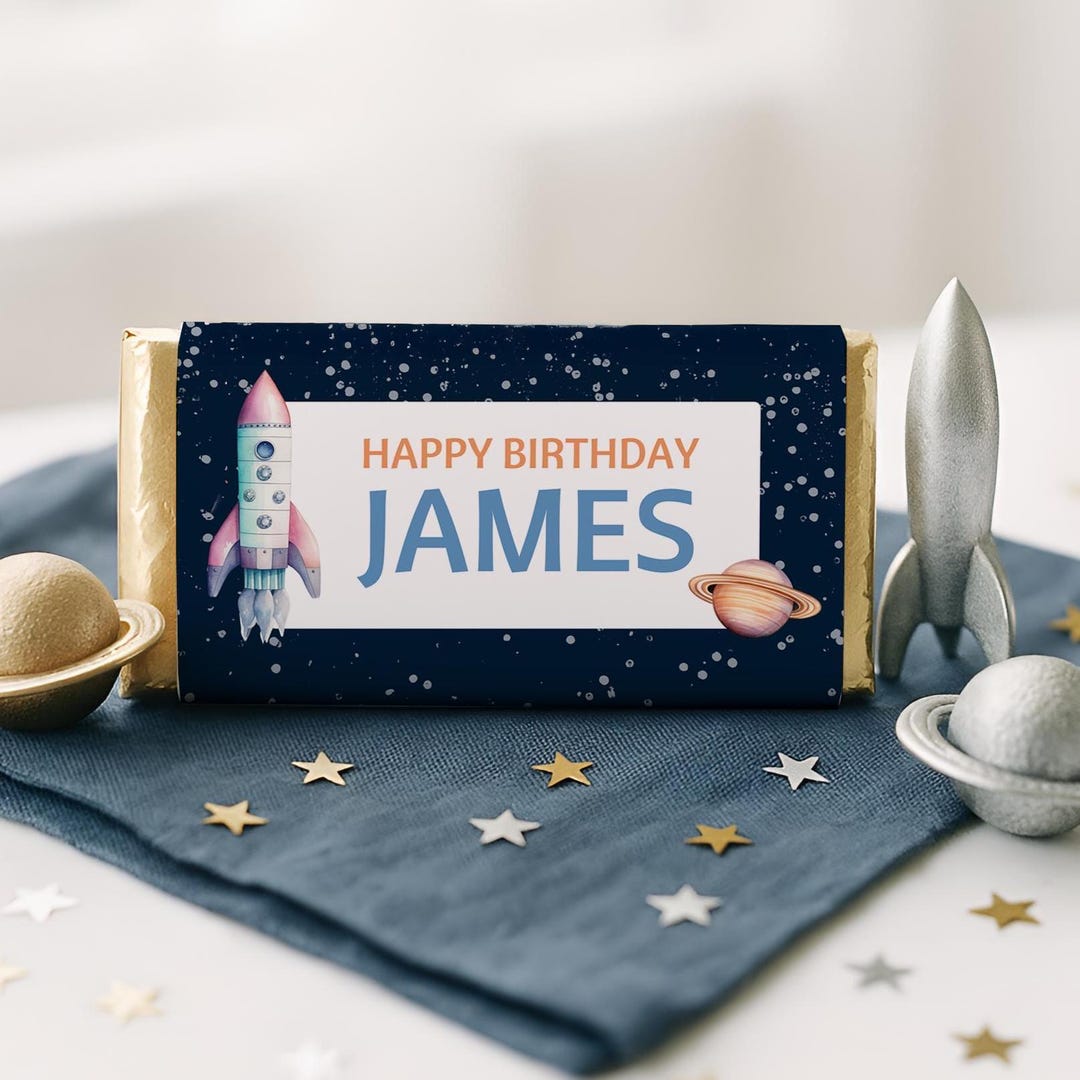 Space Birthday Chocolate Bar Wrapper, Outer Space Party Favor, Rocket ...