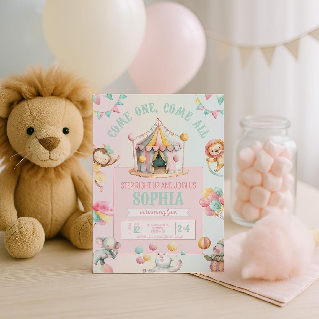 Circus 5th Birthday Invitation Template, Circus Theme Fifth Birthday ...