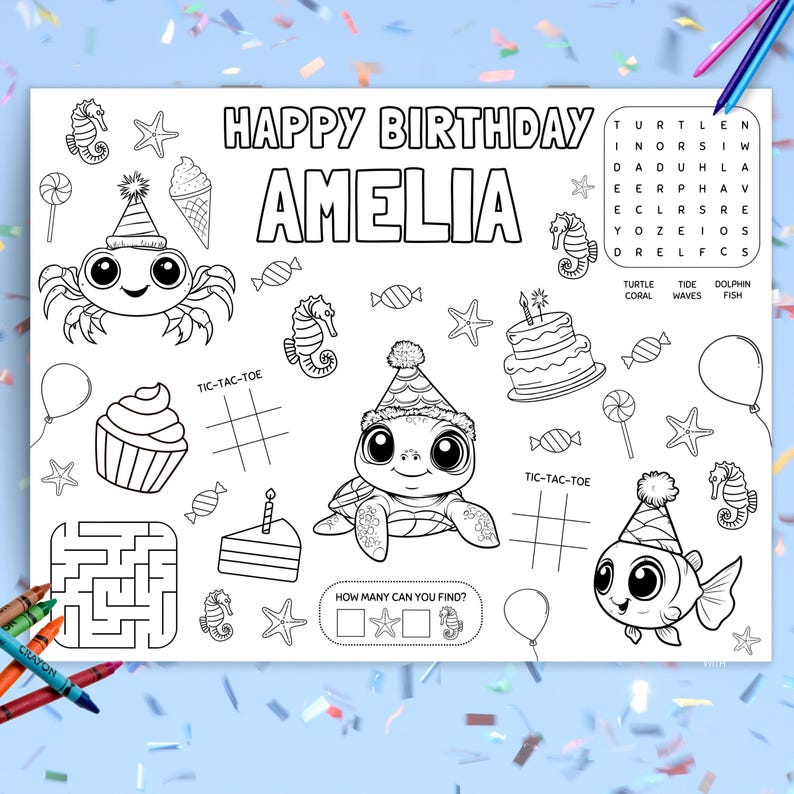 Ocean Animal Coloring Placemat, Printable Under the Sea Activity Sheet ...