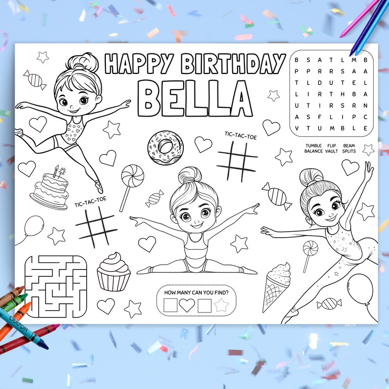 Gymnastics Birthday Placemat, Gymnastics Activity Sheet for Kids ...
