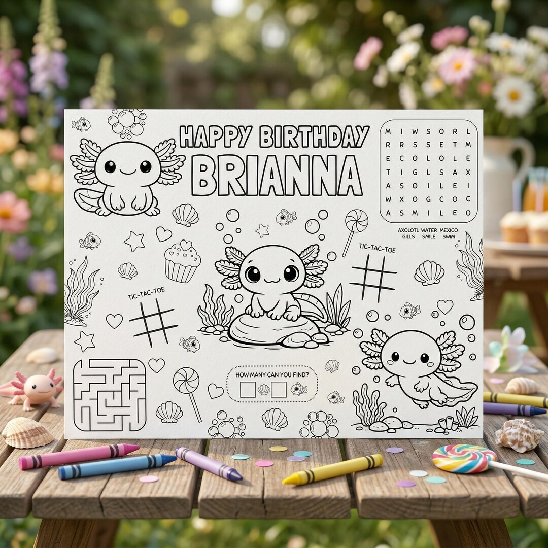 Axolotl Activity Sheet Placemat, Kids Party Activity Placemat, Axolotl ...