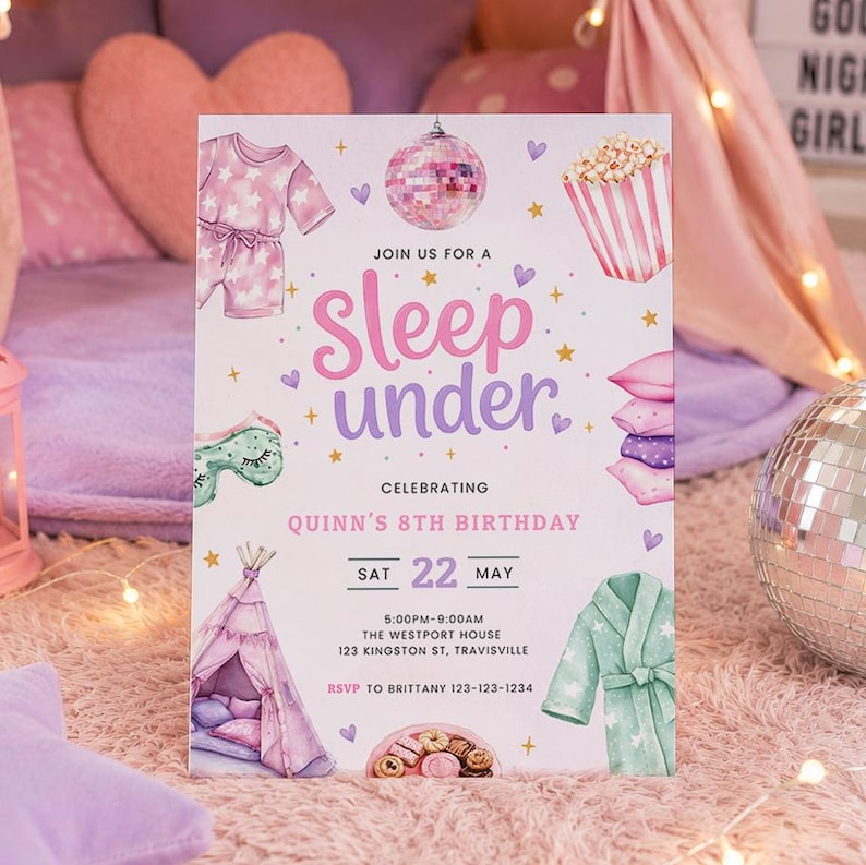 Sleep Under Party Invitation, Girls Sleepover Birthday Invite, Pastel ...