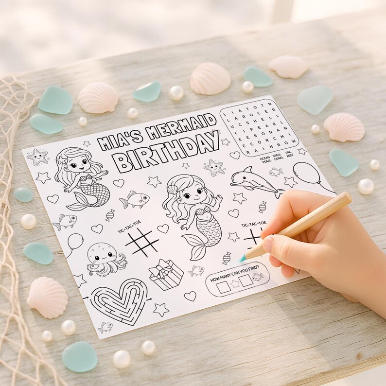 Mermaid Birthday Coloring Sheet, Under the Sea Birthday Party Placemat ...