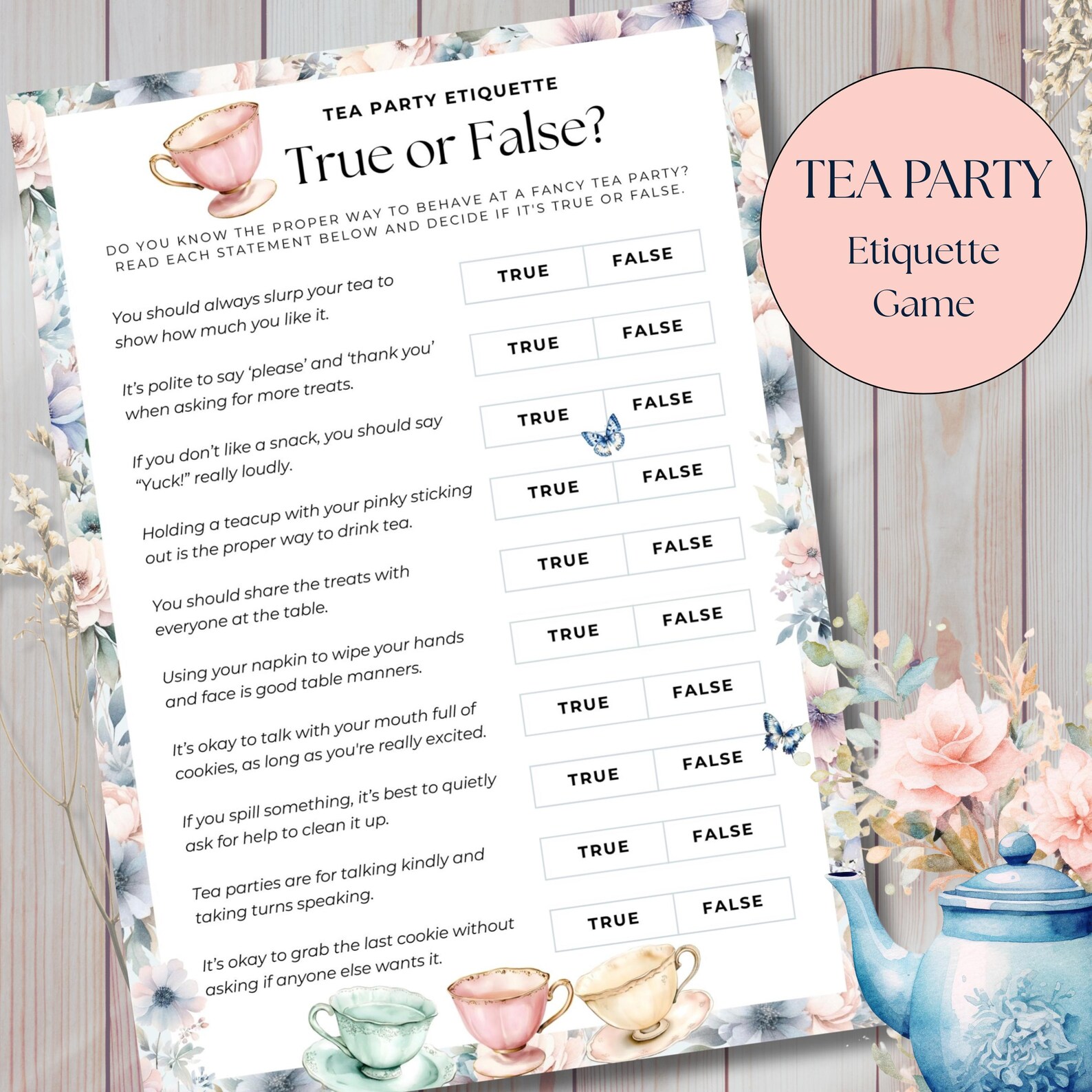 Tea Party Etiquette Trivia Quiz, Tea Party Etiquette Game Printable ...