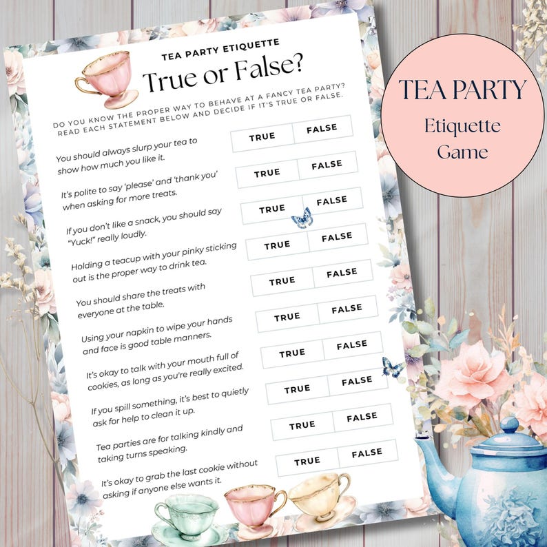 Tea Party Etiquette Trivia Quiz, Tea Party Etiquette Game Printable ...