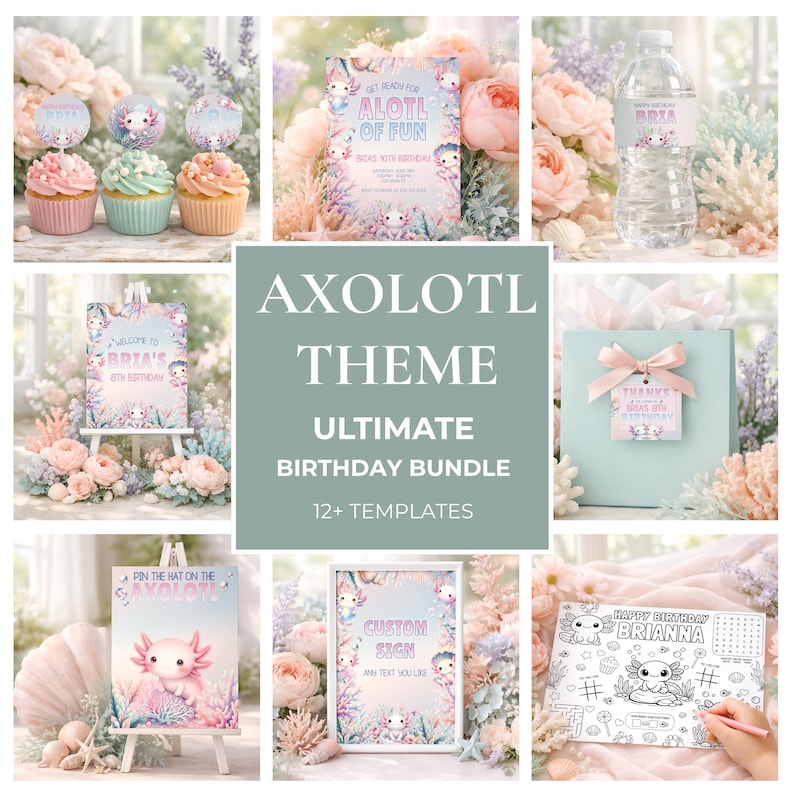 Axolotl Birthday Digital Bundle, Axolotl Party Decor Set, Cute Axolotl ...