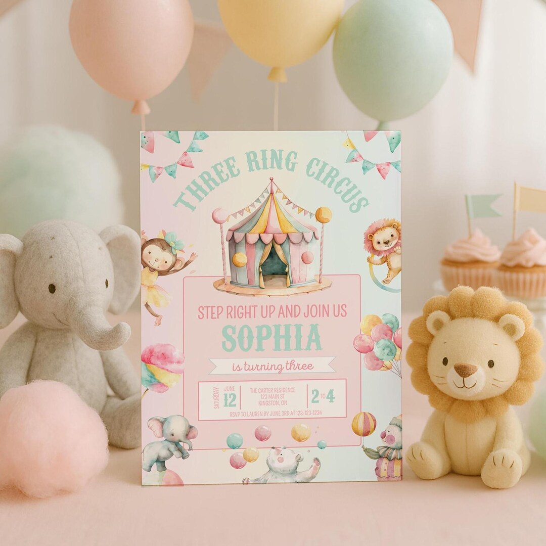 Three Ring Circus Birthday Invitations, Circus Theme 3rd Birthday ...