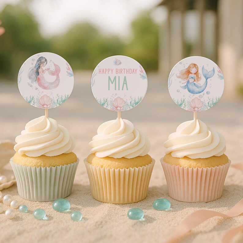 Personalized Mermaid Cupcake Toppers: Ocean Party Decorations (digital ...