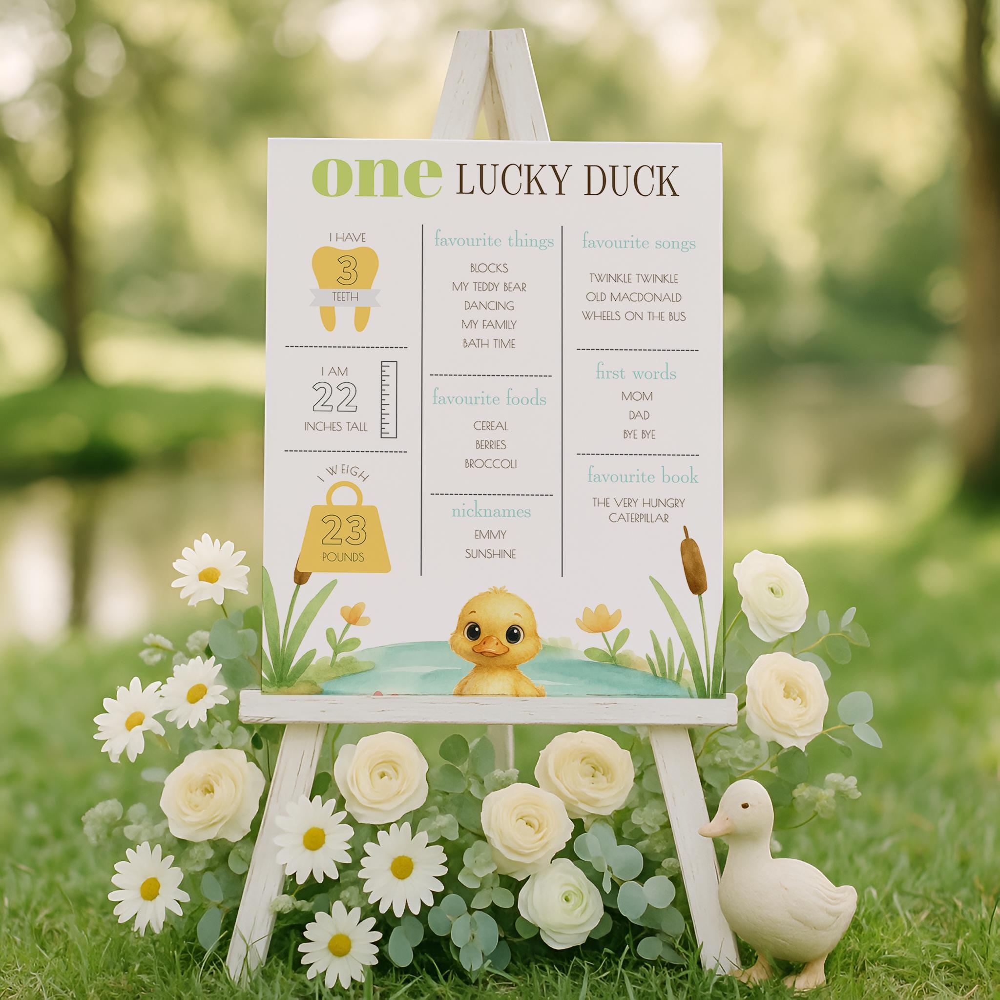 One Lucky Duck Milestone Sign, Duck Theme Birth Stats Poster, First ...