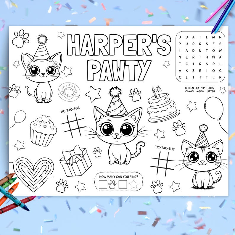Kitty Birthday Activity Sheet, Fun Printable Games for Kids, Custom ...