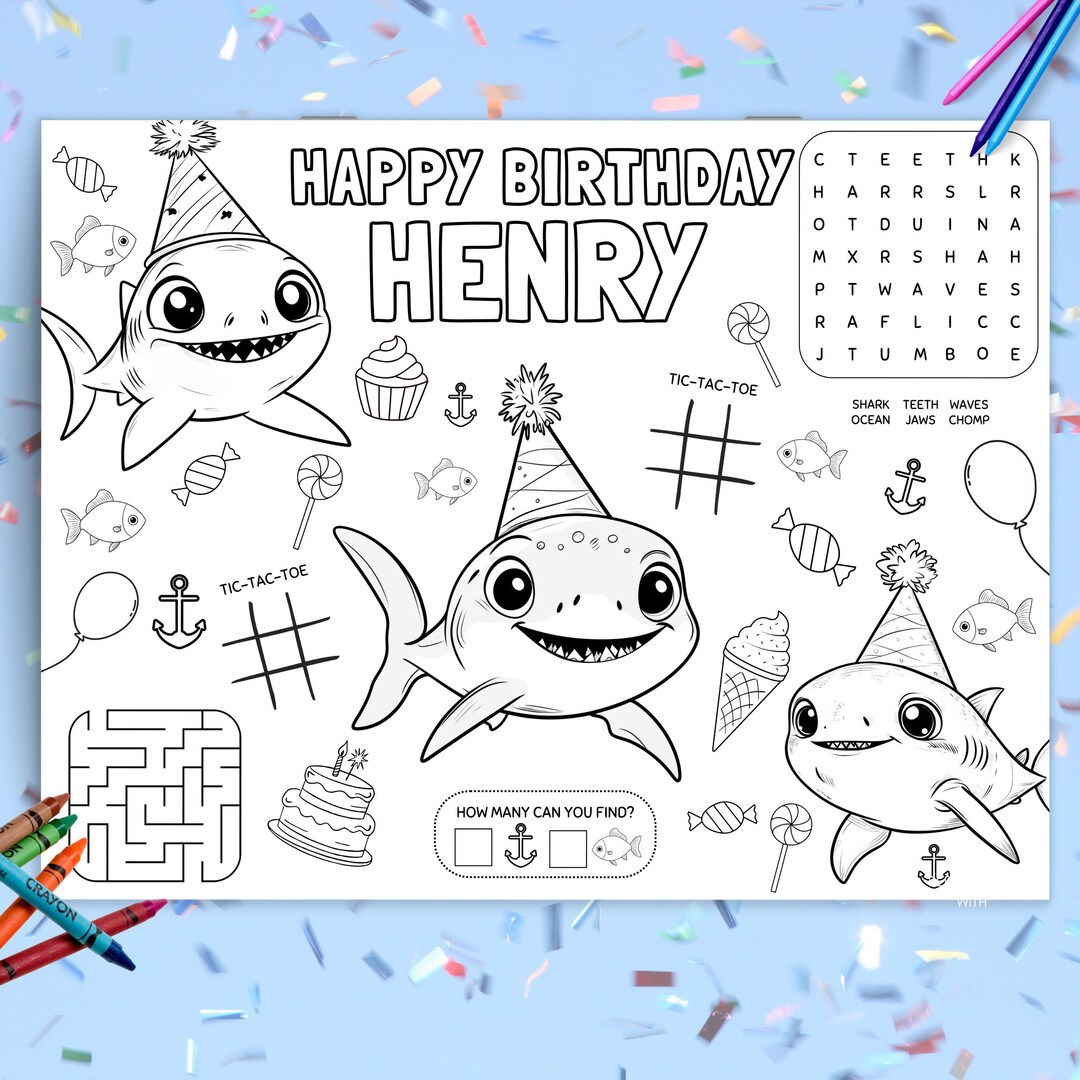 Shark Birthday Favor Coloring, Shark Birthday Party Games, Ocean ...
