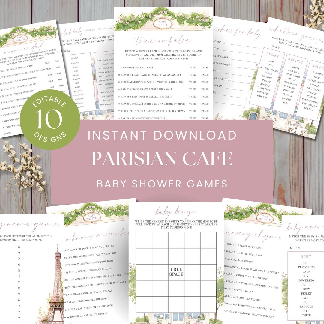 Cafe Bebe Baby Shower Games, Parisian Cafe Shower Games Printable ...