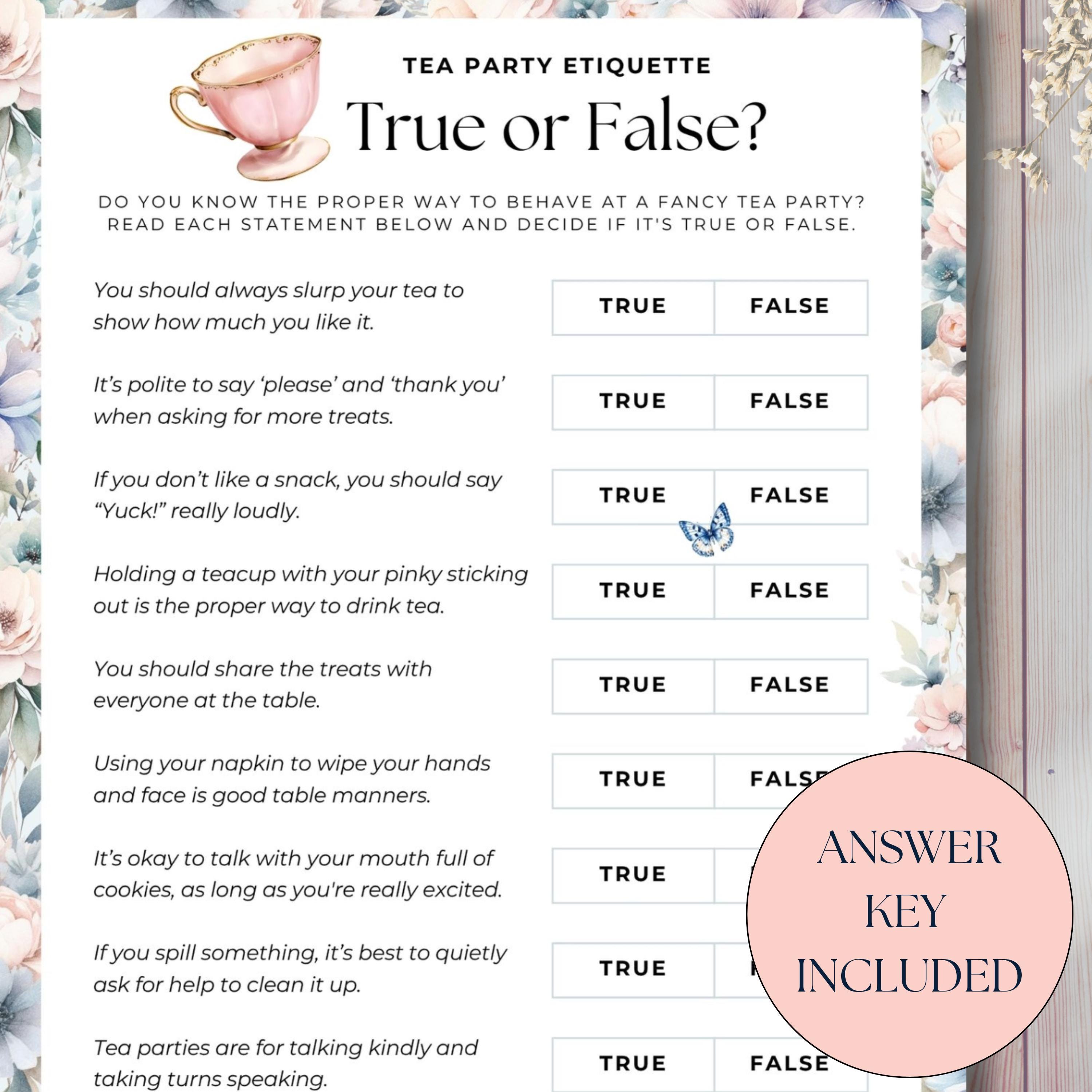 Tea Party Etiquette Trivia Quiz, Tea Party Etiquette Game Printable ...